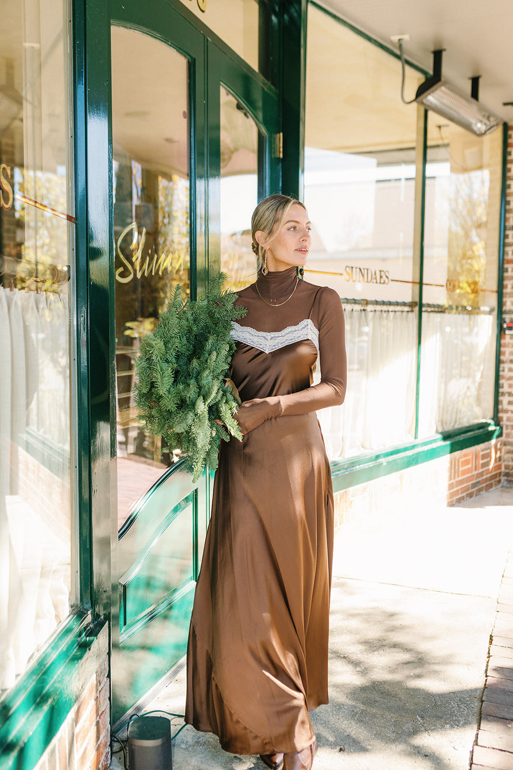 Jacquelyn Silk Dress in Chocolate Brown by Miguelina (HerStory Exclusi