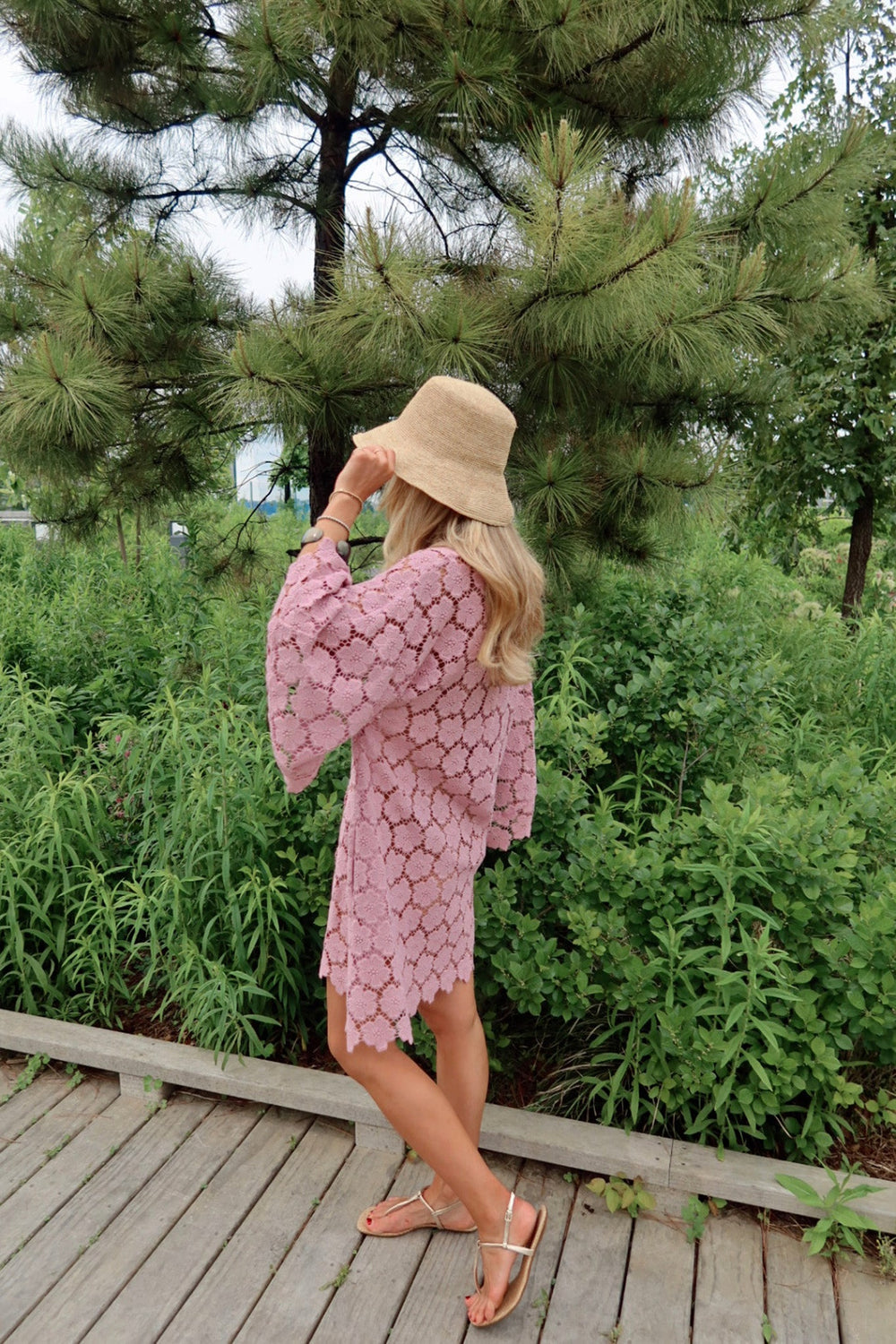 Gianina Cosmos Flower Lace Mini Caftan - Mauve by Miguelina | HerStory