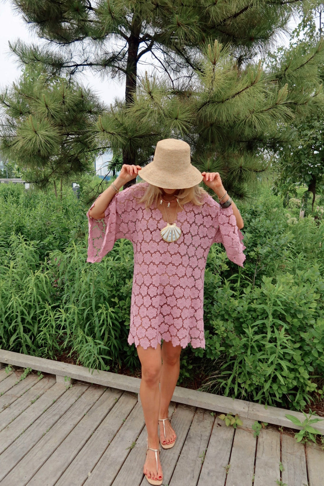 Gianina Cosmos Flower Lace Mini Caftan - Mauve by Miguelina | HerStory