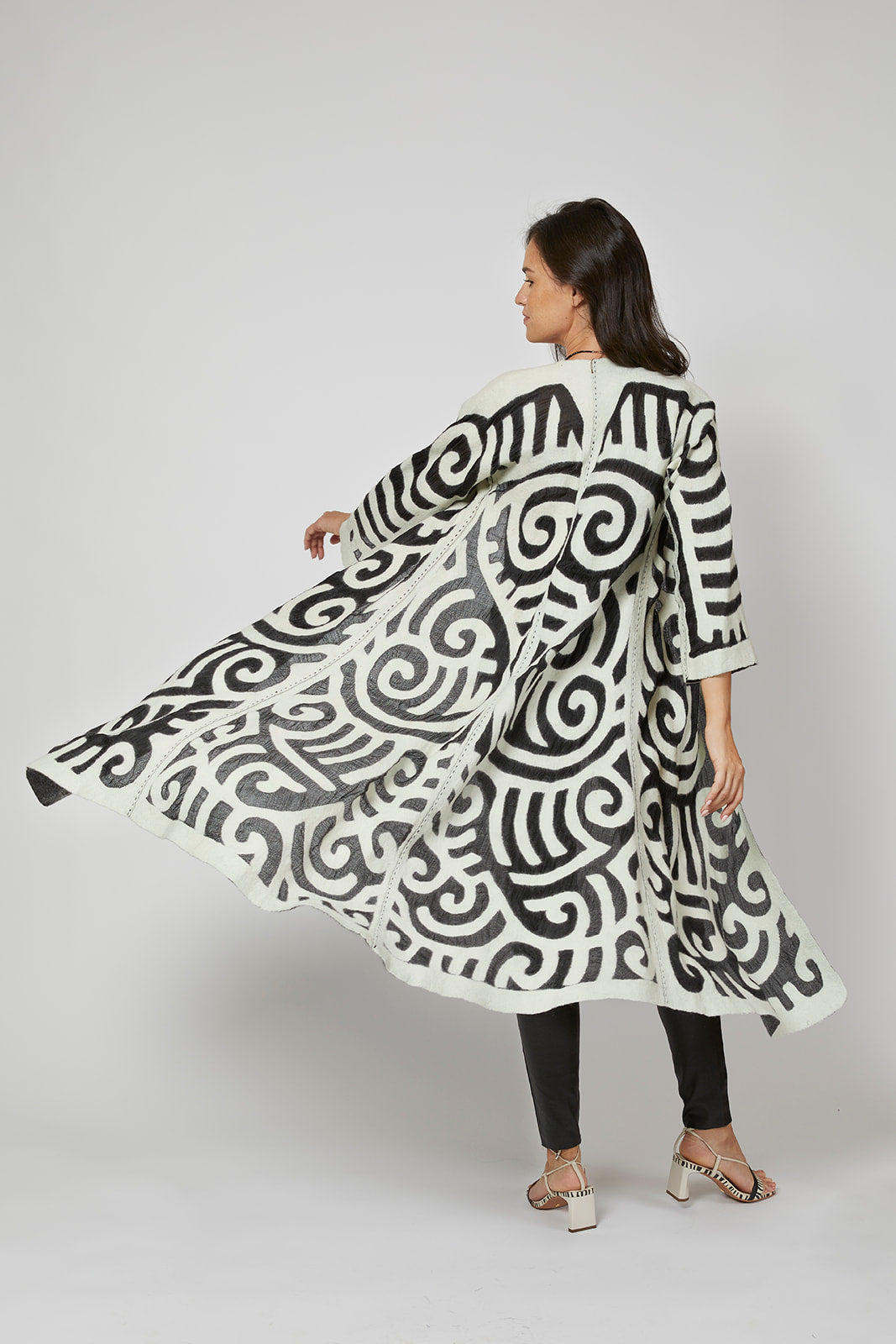 Felted Wool Coat from Kyrgyzstan - Long - Ivory and Black by Larkin La